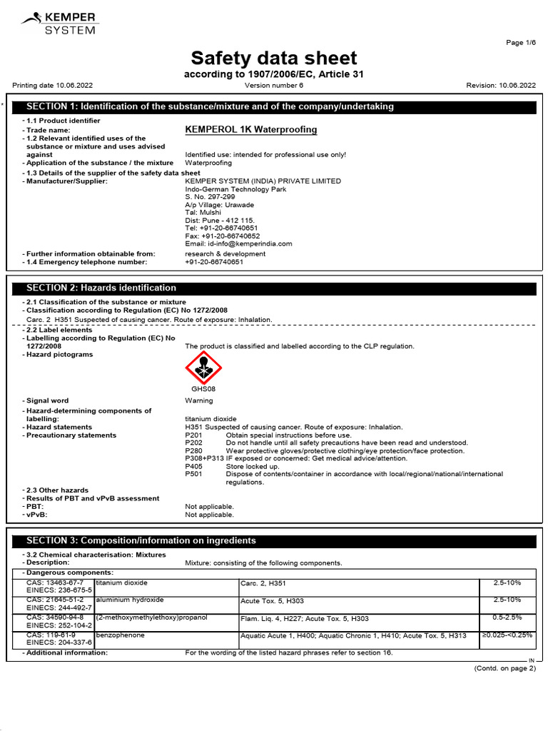 MSDS KEMPEROL 1K Waterproofing IN | PDF