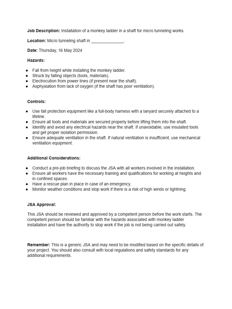 Jsa For Monkey Ladder Installation in A SH | PDF