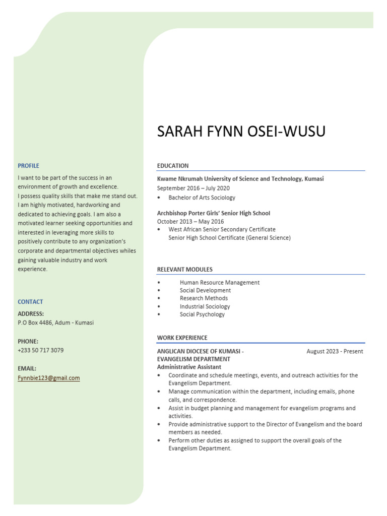 Sarah Fynn - CV | PDF | Databases | Spreadsheet