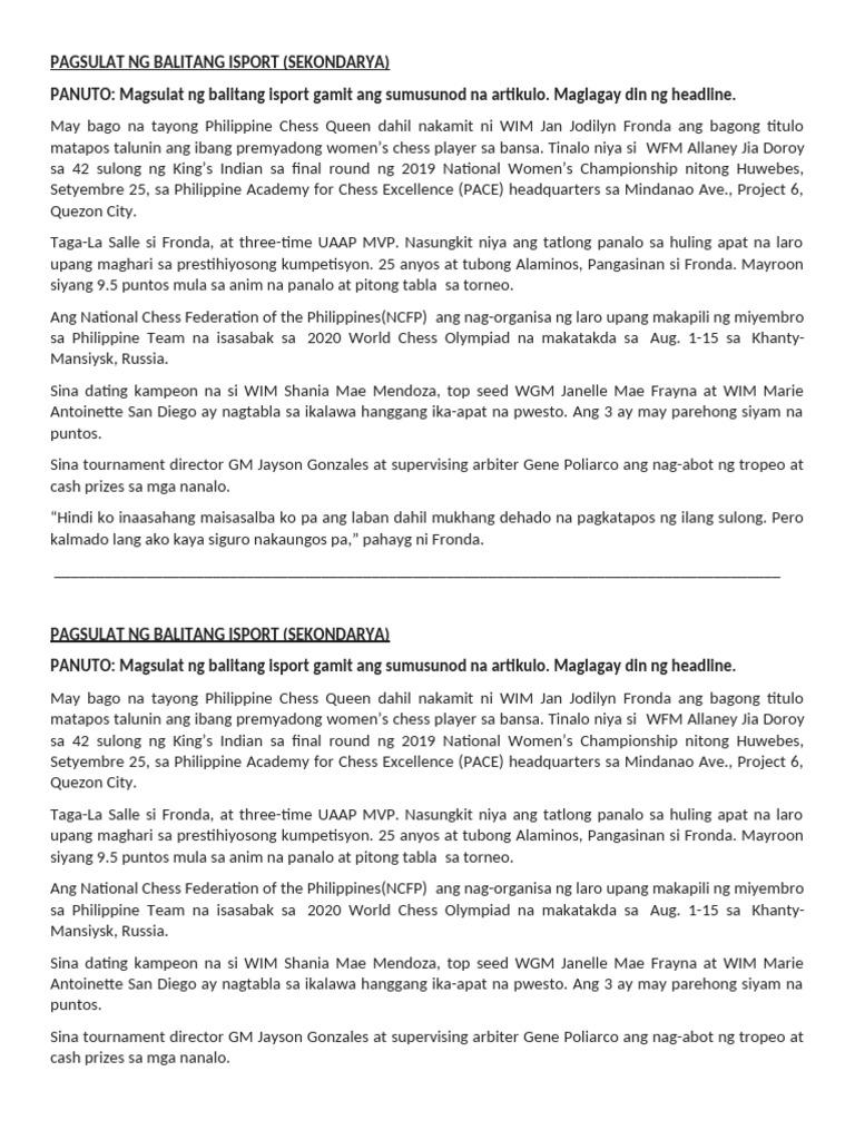 Sports Writing Secondary Filipino DSPC Aklan 2019 | PDF