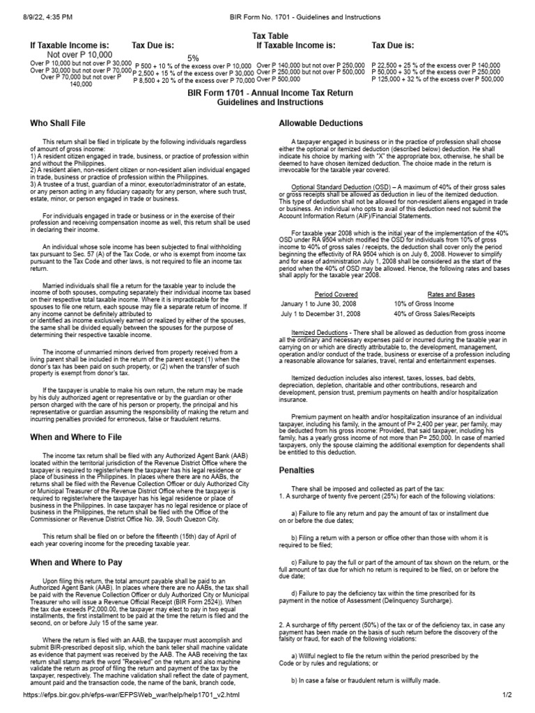 BIR Form No. 1701 - Guidelines and Instructions | PDF | Tax Deduction ...