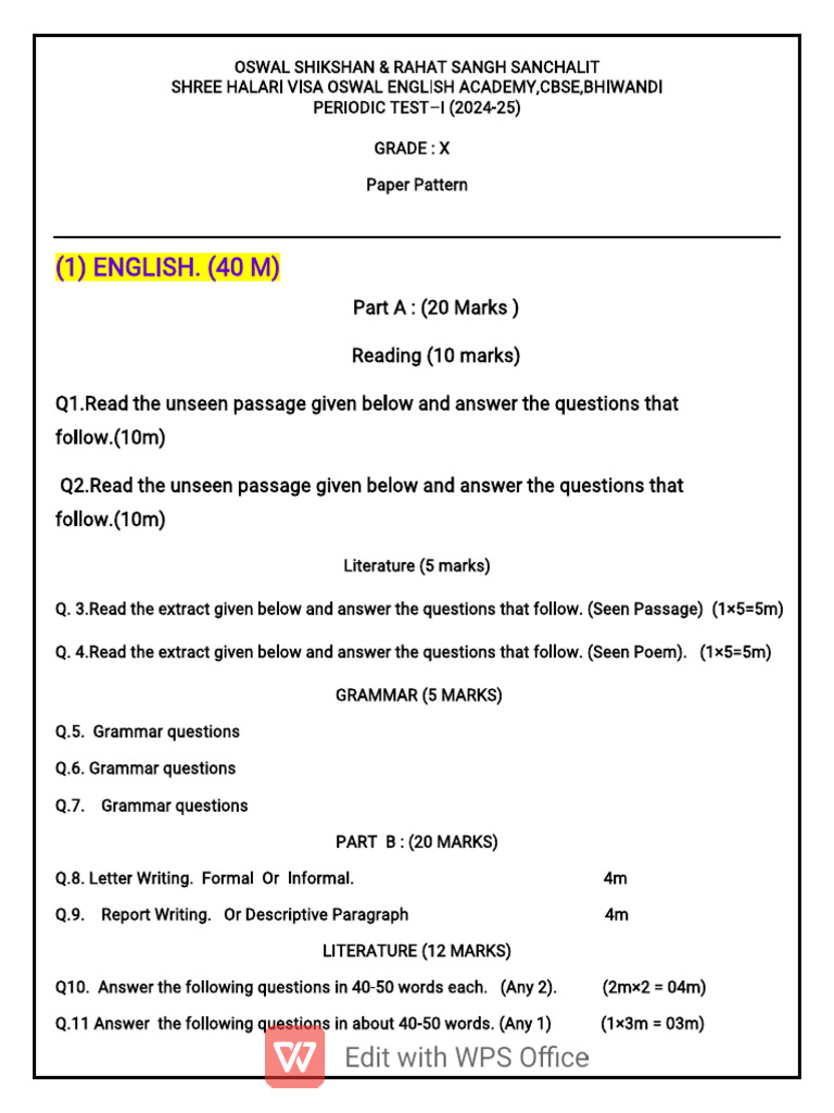 GRADE X Paper Patterns PT 1 Exam (2024-25) - 1-1 | PDF