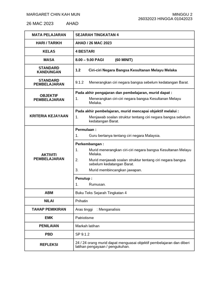 RPH - Minggu 2 - 26032023 Hingga 01042023 | PDF