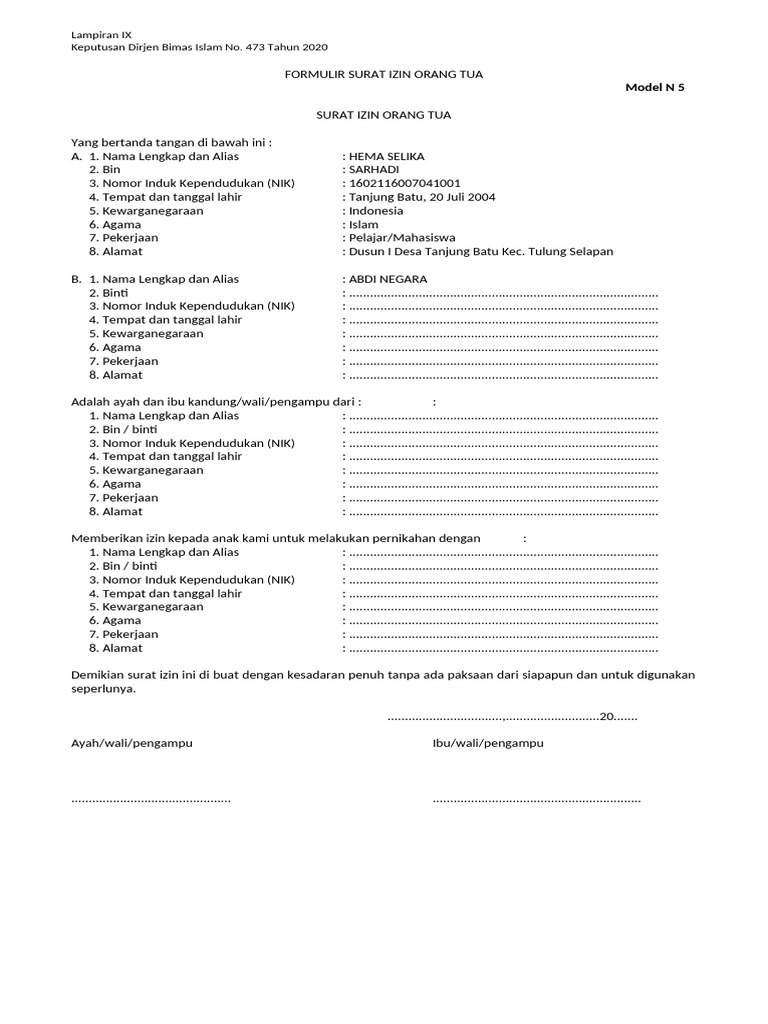 Model N5 (SURAT IZIN ORANG TUA | PDF