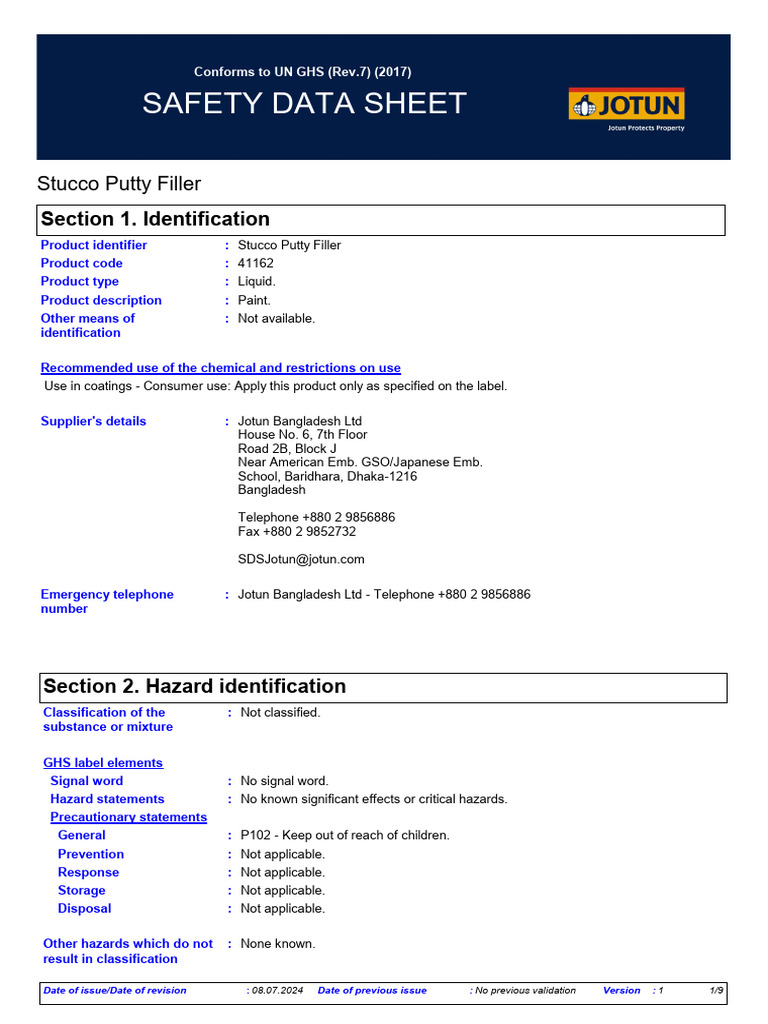 SDS 41162 Stucco Putty Filler Euk BD | PDF | Toxicity | Occupational ...