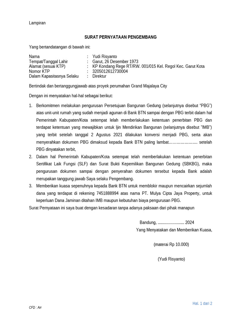 Memo Kebijakan PBG - Format Pernyataan | PDF