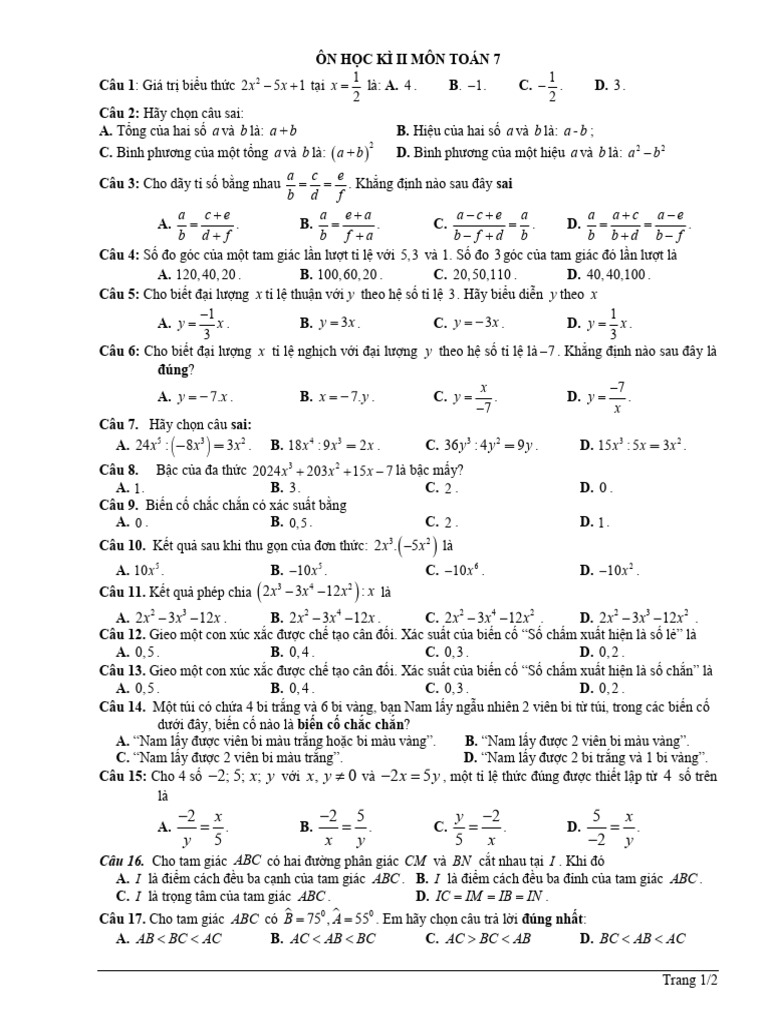 Ôn Hkii Toán 7 2024 | PDF