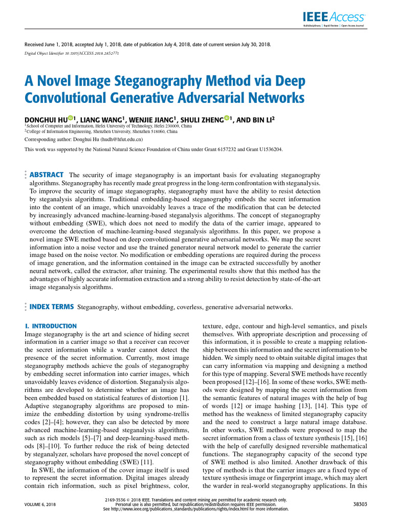 A Novel Image Steganography Method Via Deep Convolutional Generative Adversarial Networks | PDF