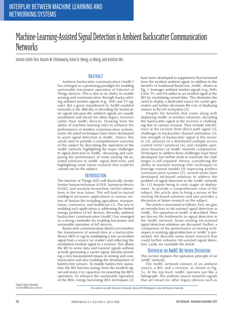 Machine-Learning-Assisted Signal Detection in Ambient Backscatter Communication Networks | PDF