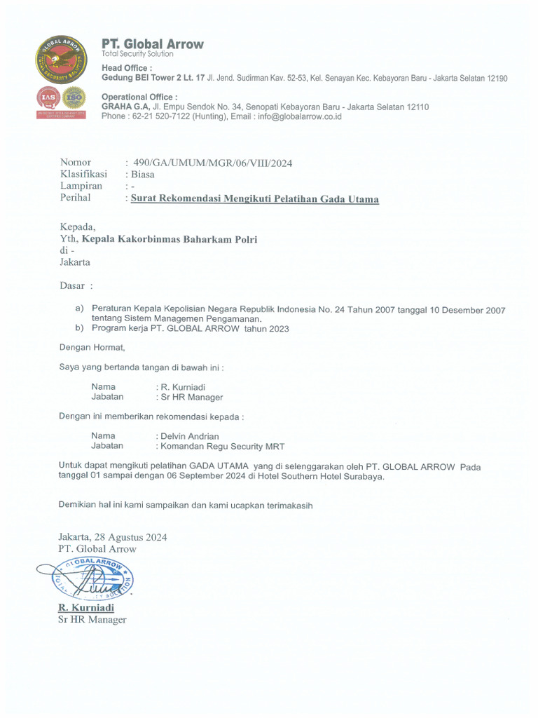 Surat Rekomendasi Pelatihan Gada Utama-MRT 3 Personil | PDF