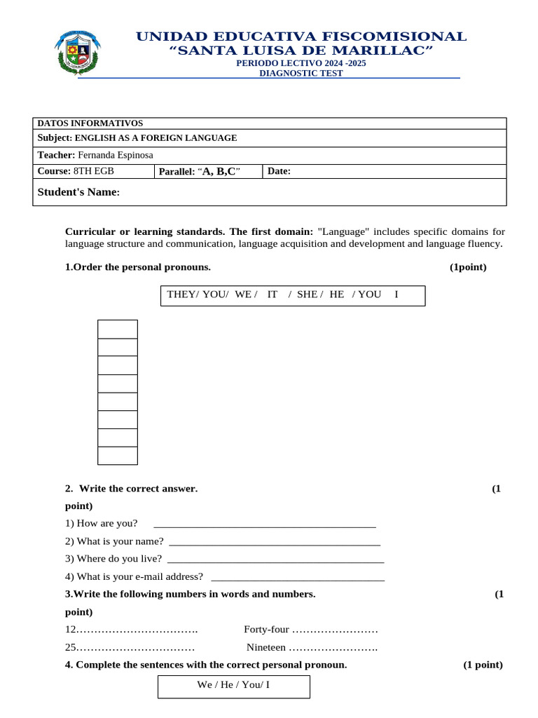 8th DIAGNOSTIC TEST | PDF