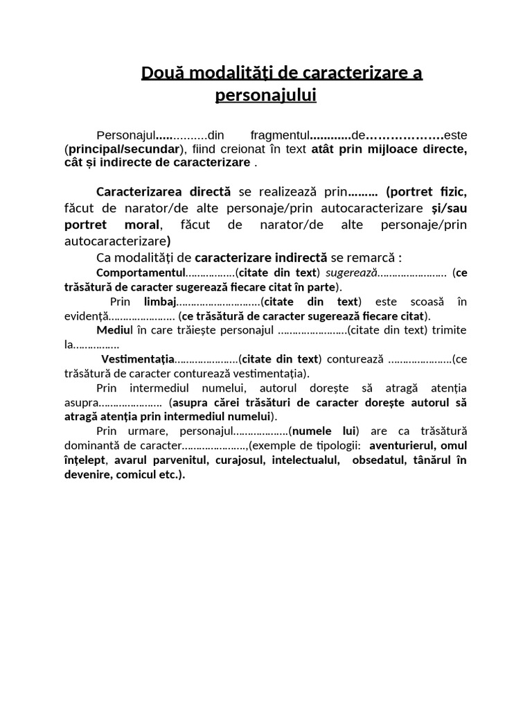Caracterizarea Personajului - SCHEMA | PDF