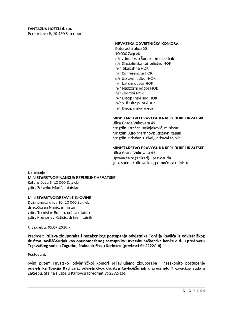 Prijava Protiv Odvjetnika Tončija Ravlića Odvjetničkoj Komori | PDF