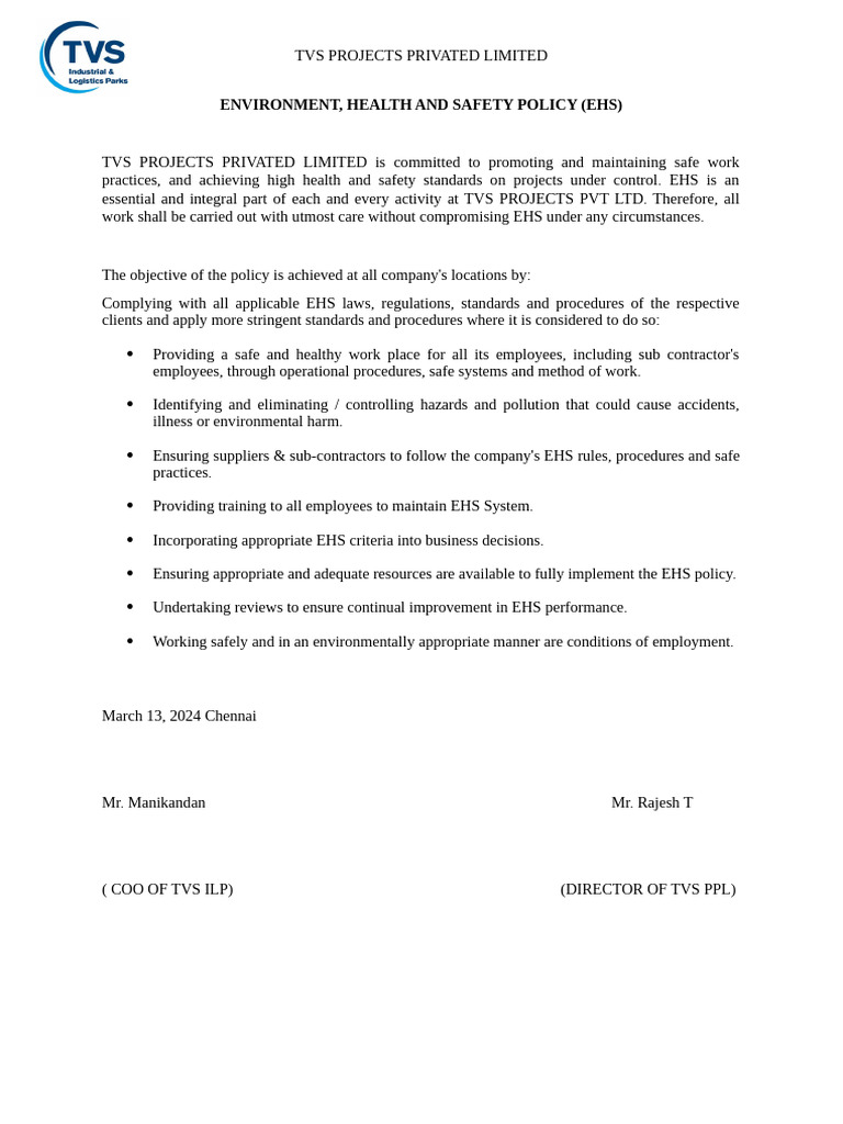 EHS POLICY- TVS PPL | PDF