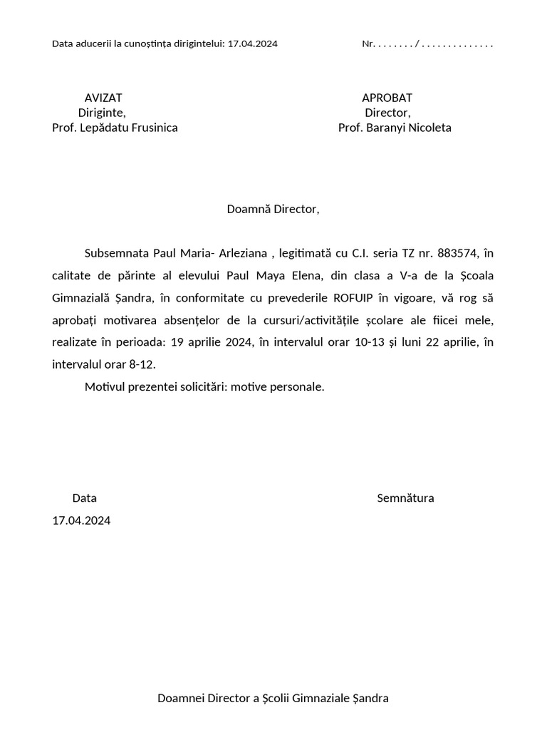 Cerere Invoire Elev Minor | PDF