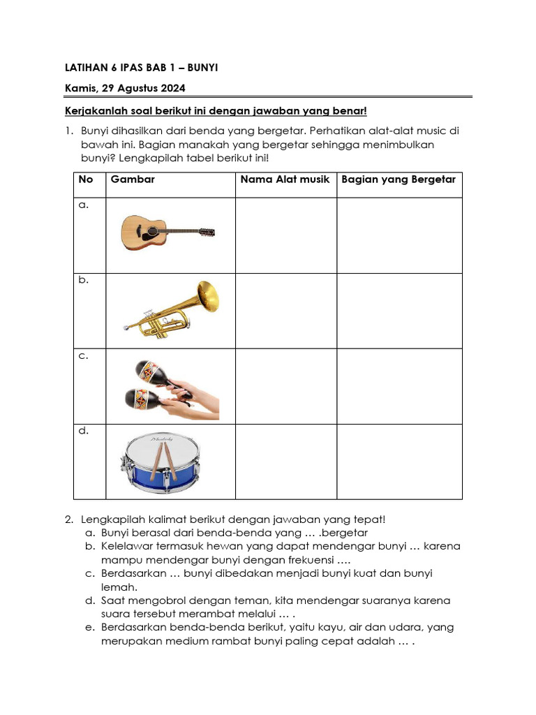 Latihan 6 Ipas Bab 1 - Bunyi | PDF