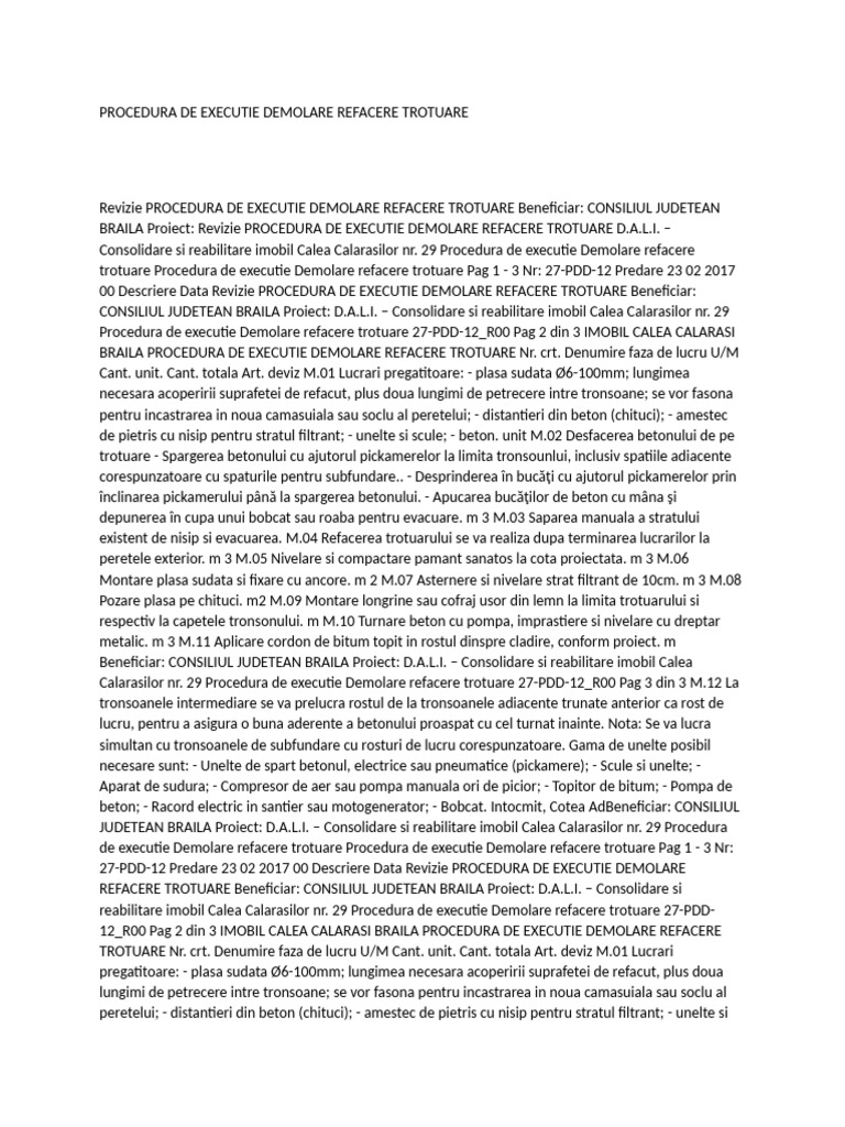 Procedura de Executie Demolare Refacere Trotuare | PDF