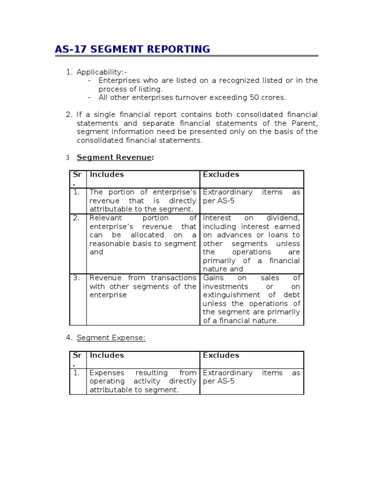 As-17 Segment Reporting: Segment Revenue: SR - Includes Excludes | PDF | Revenue | Expense