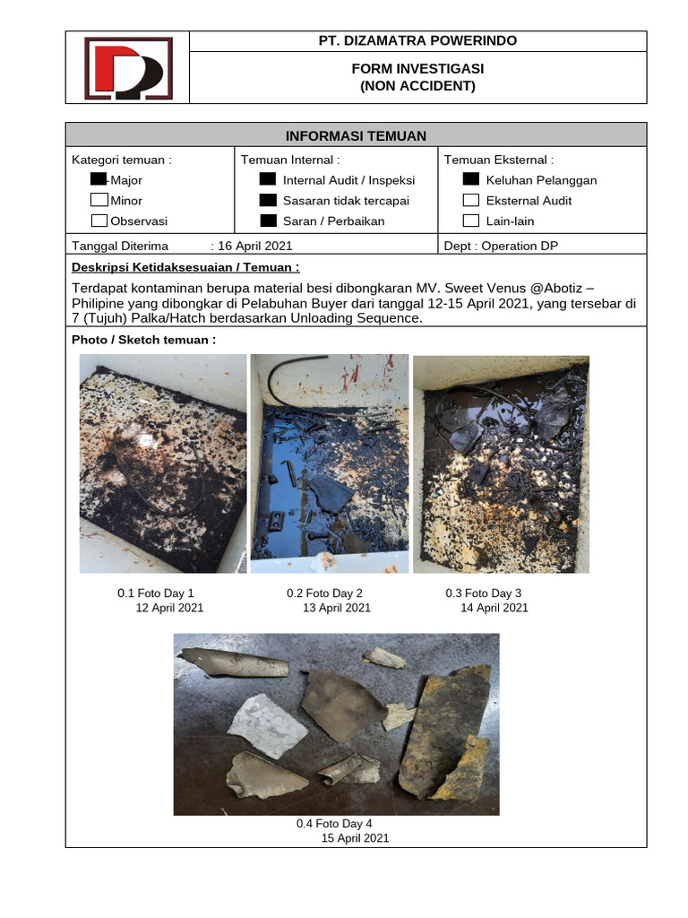 210416 - Investigasi Kontaminan Material Besi @MV. Sweet Venus (1) | PDF