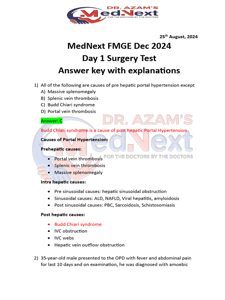 Day 1 Surgery Test Explanations Mednext 25.08.24 | PDF | Gallbladder ...