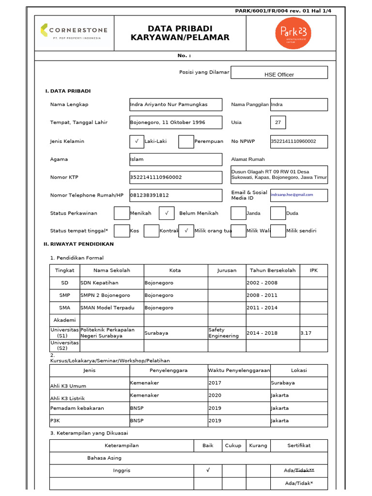 004-Form Data Pribadi Karyawan Pelamar Park23 | PDF