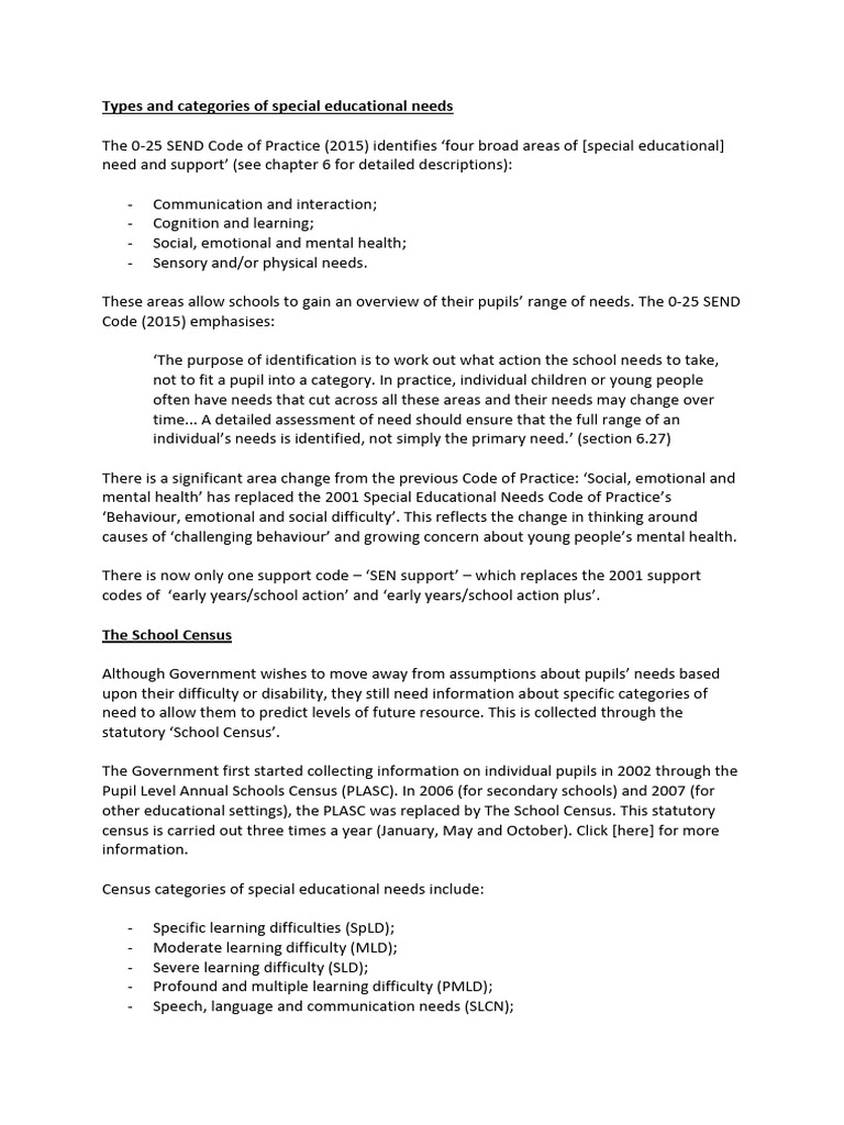 Types of Special Educational Needs | PDF | Special Education | Career ...
