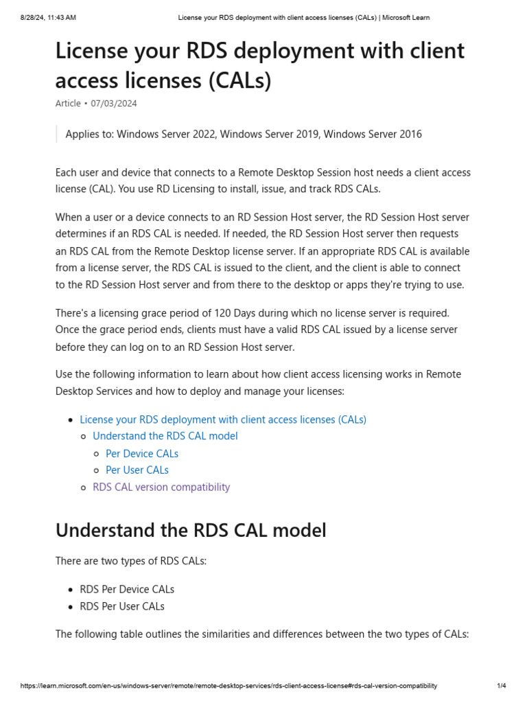 License Your RDS Deployment With Client Access Licenses (CALs) - Microsoft Learn | PDF