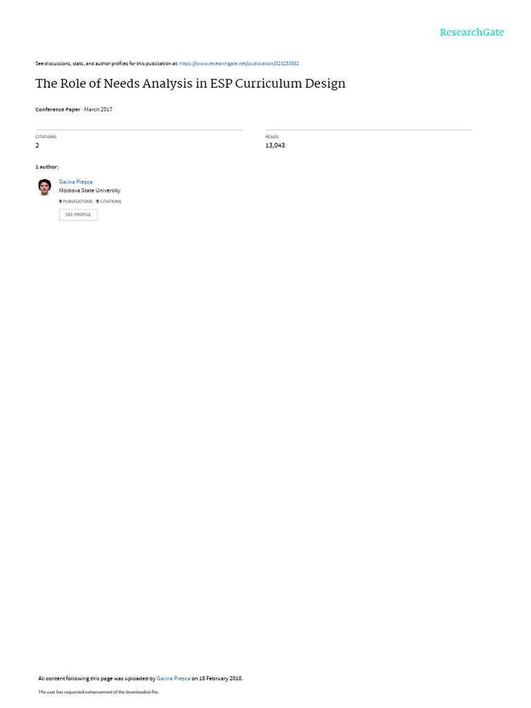 The Role of Needs Analysis in ESP Curriculum Design: March 2017 | PDF | Learning | Methodology