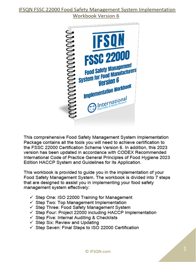 IFSQN FSSC 22000 Food Implementation Workbook Version 6 Sample | PDF