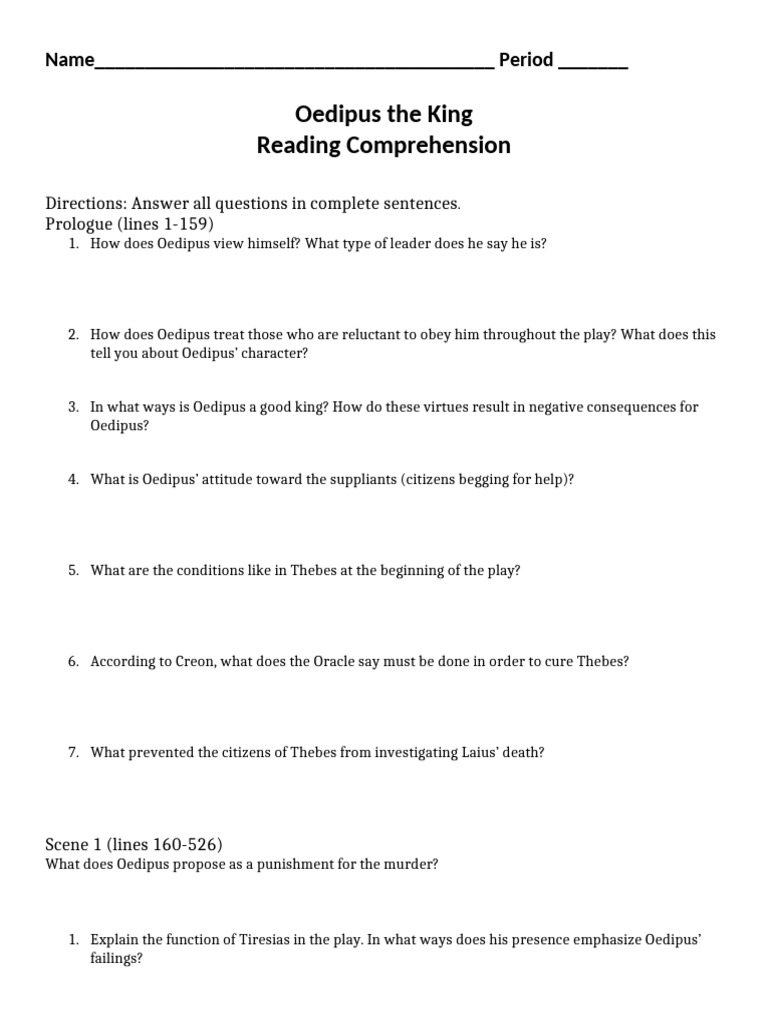 Oedipus Comprehension Questions | PDF | Oedipus | Language Arts & Discipline