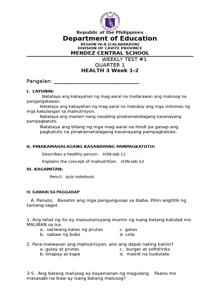 WEEKLY TEST # 1 in HEALTH | PDF | Self-Improvement | Wellness