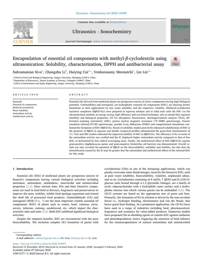 Encapsulation of Essential Oil Components With Methyl-β-cyclodextrin ...
