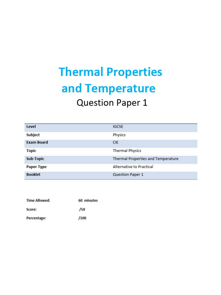22.1 Thermal Properties and Temperature CIE IGCSE Physics Practical QP ...