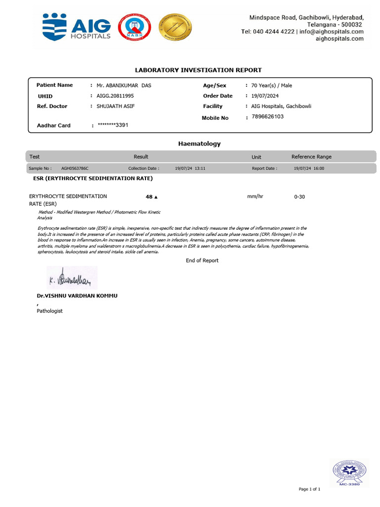 Esr (Erythrocyte Sedimentation Rate) | PDF