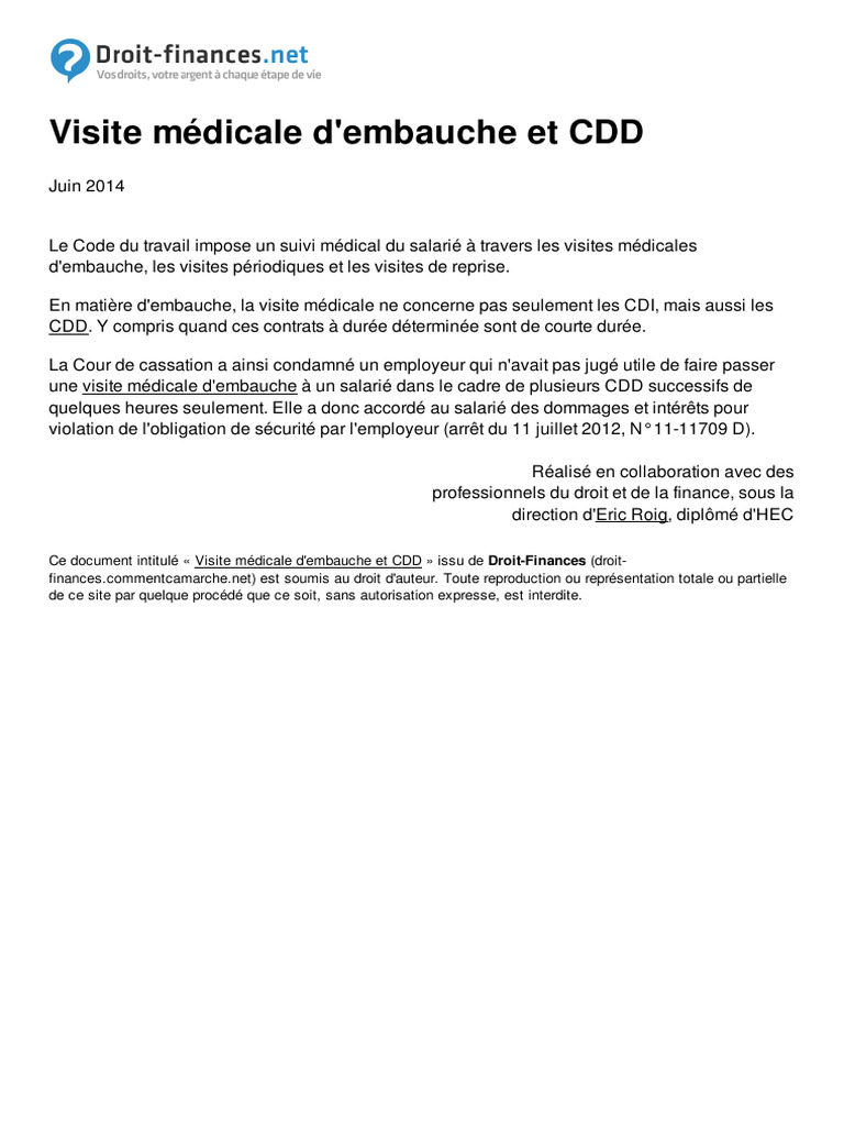 Visite Medicale D Embauche Et CDD 15750 Mvszvi | PDF