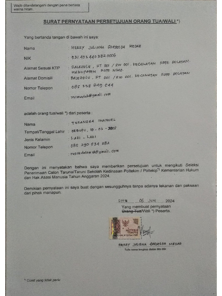 Surat Persetujuan Orang Tua Wali | PDF