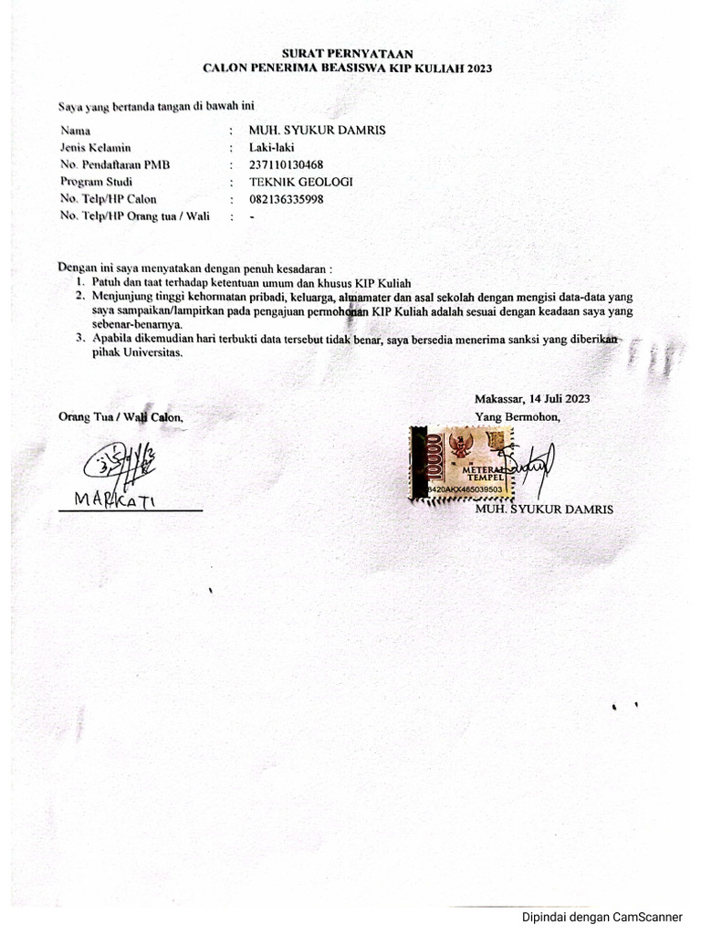 Surat Pernyataan Calon Penerima Beasiswa KIP | PDF