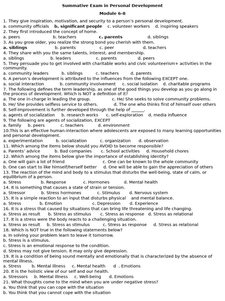 Summative Exam in Personal Development 6-8 | PDF