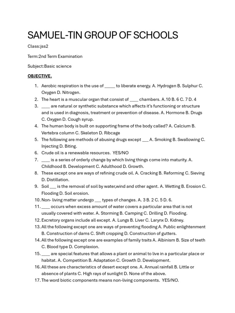 Basic Science Examination jss2 | PDF | Water | Self-Improvement