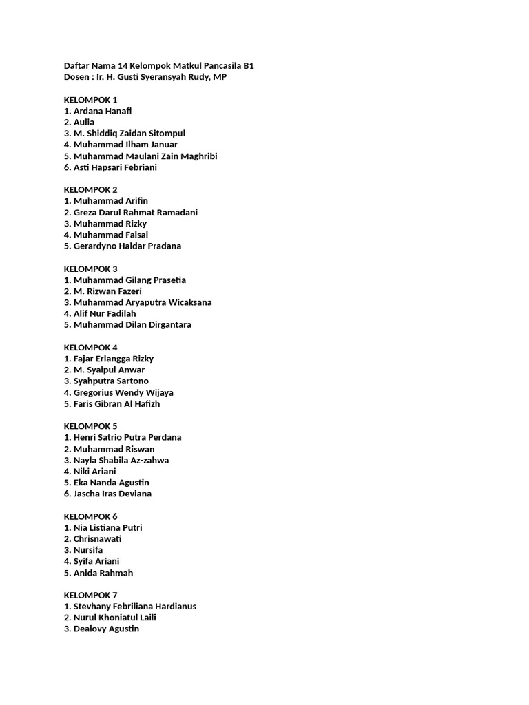Daftar Kelompok Matkul Pancasila B1 2 | PDF | Sains & Matematika