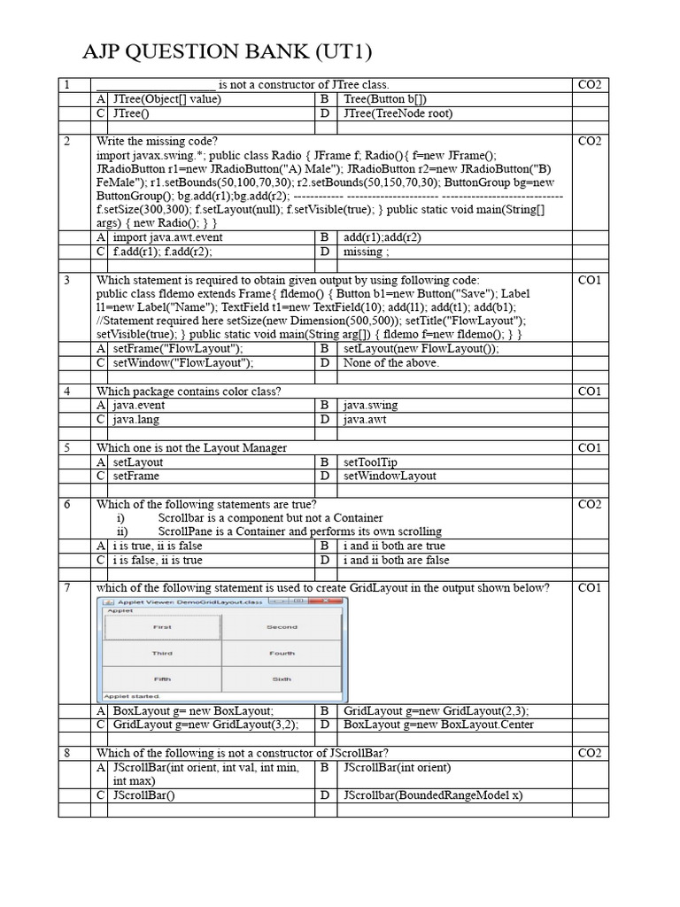 AJP Question Bank for Java GUI Concepts | PDF | Computer Programming ...