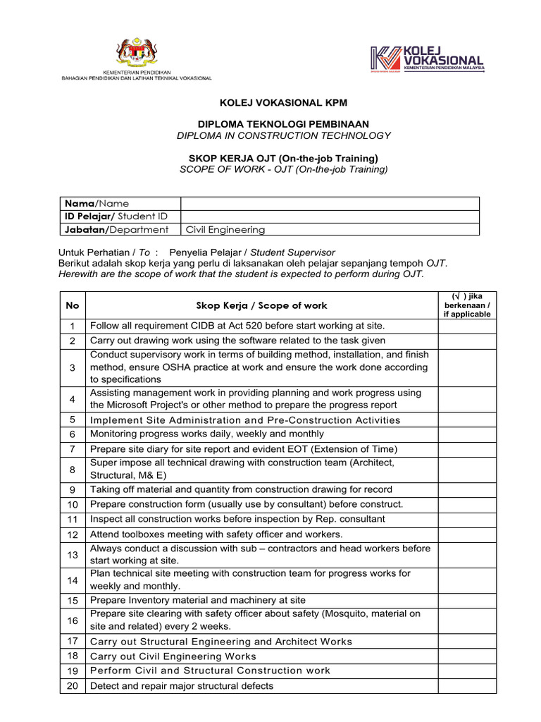 Skop Kerja Ojt | PDF