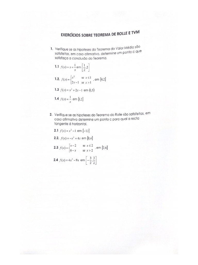 Exercicios Sobre Teorema de Rolle e TVM | PDF