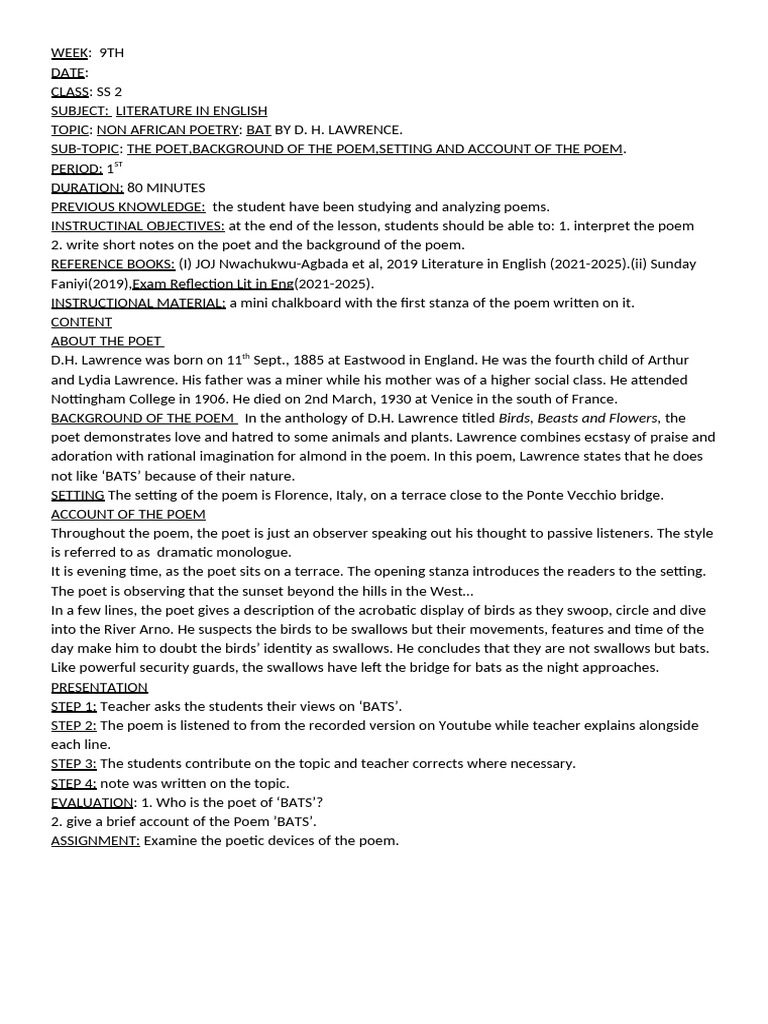D.H. Lawrence's "Bats": Poem Analysis | PDF | Poetry | Art