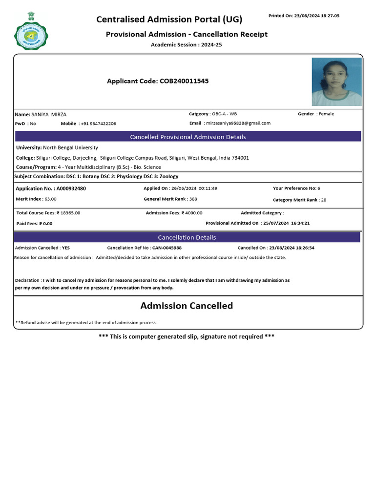 Admission Cancellation Receipt | PDF