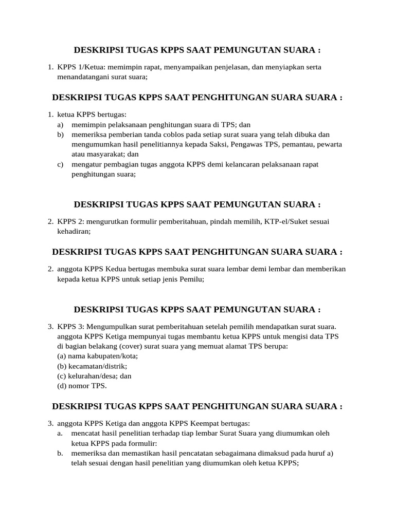 DESKRIPSI TUGAS KPPS SAAT PEMUNGUTAN SUARA | PDF