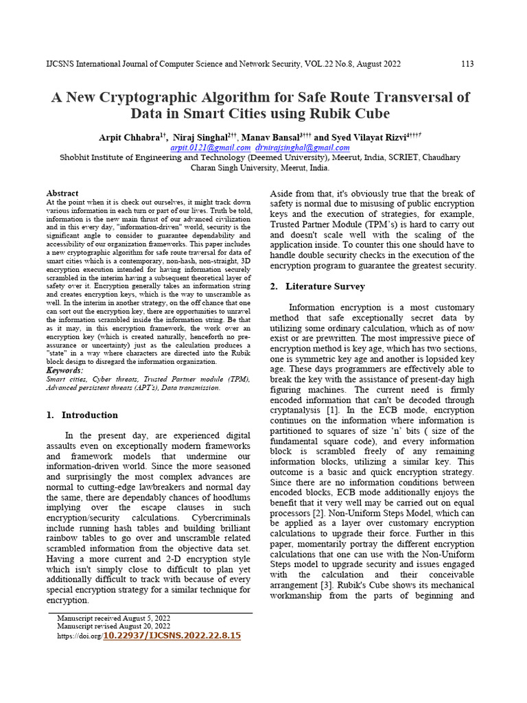 A New Cryptographic Algorithm For Safe Route | PDF