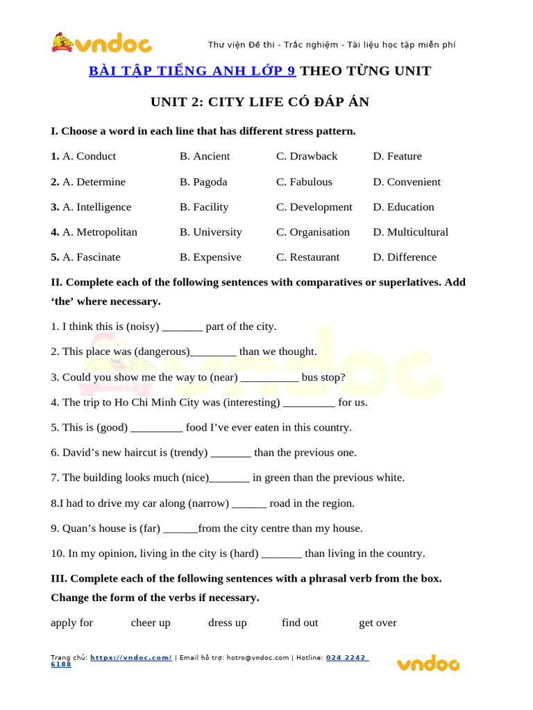 Bai Tap Nang Cao Tieng Anh Lop 9 Unit 2 City Life | PDF