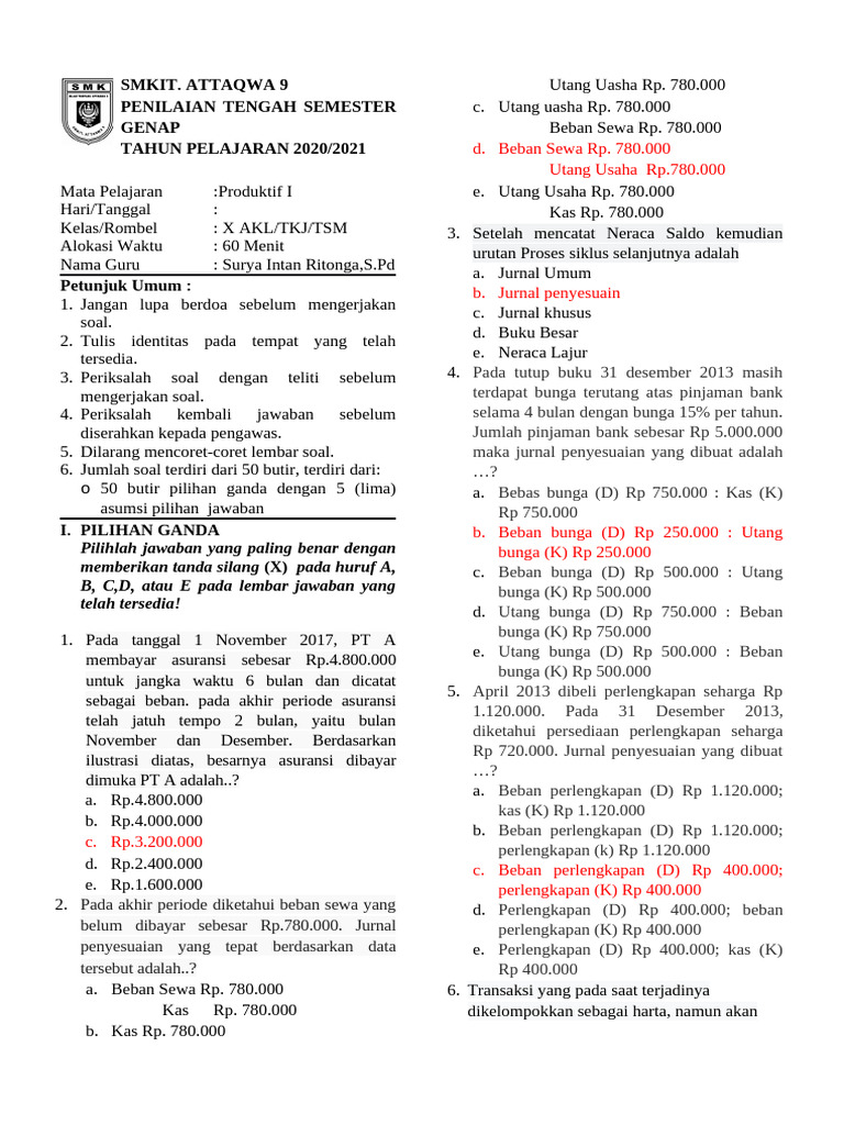 Soal PTS Produktif 1 X AKL GENAP | PDF