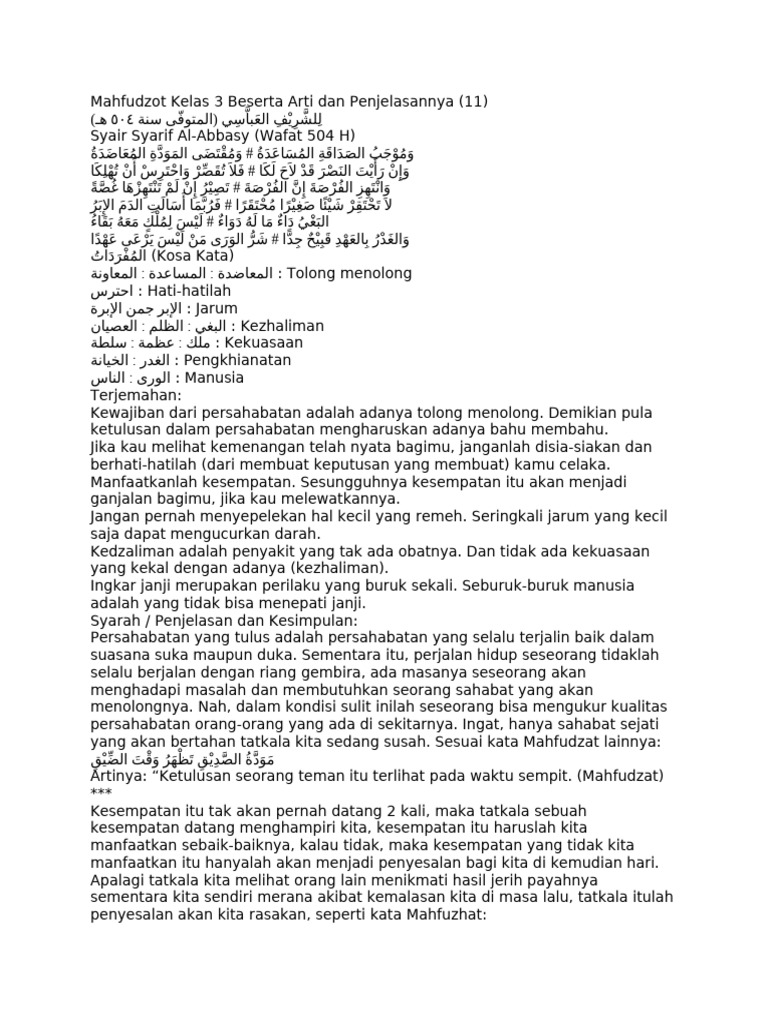 Mahfudzot Kelas 3 Beserta Arti Dan Penjelasannya | PDF